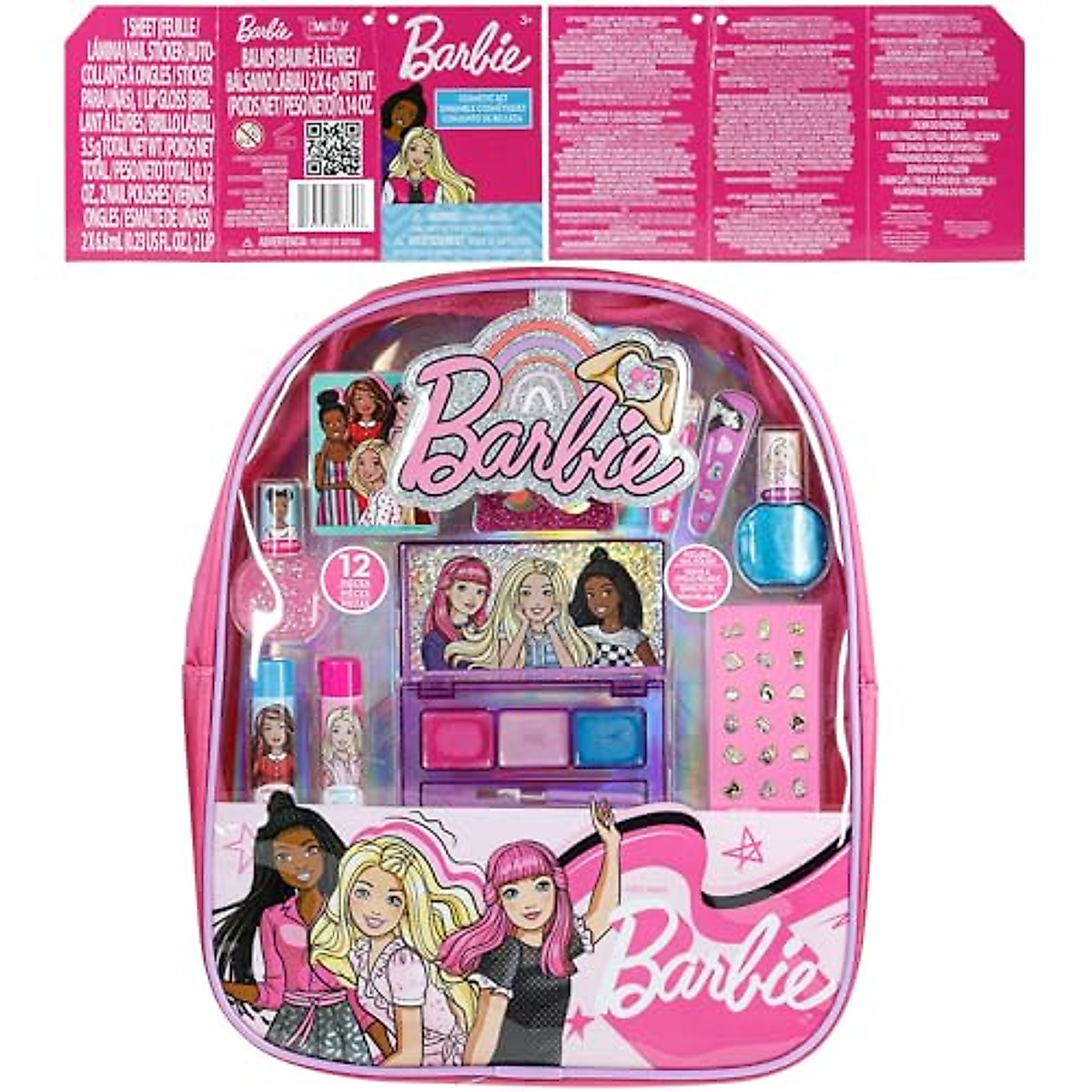 Barbie - Townley Girl Makeup Filled Backpack Set with 12 Pieces, Including Lip Balm, Nail Polish, Nail File, Hair Bows, and Other Accessories, Ages 3+ for Parties, Sleepovers and Makeovers