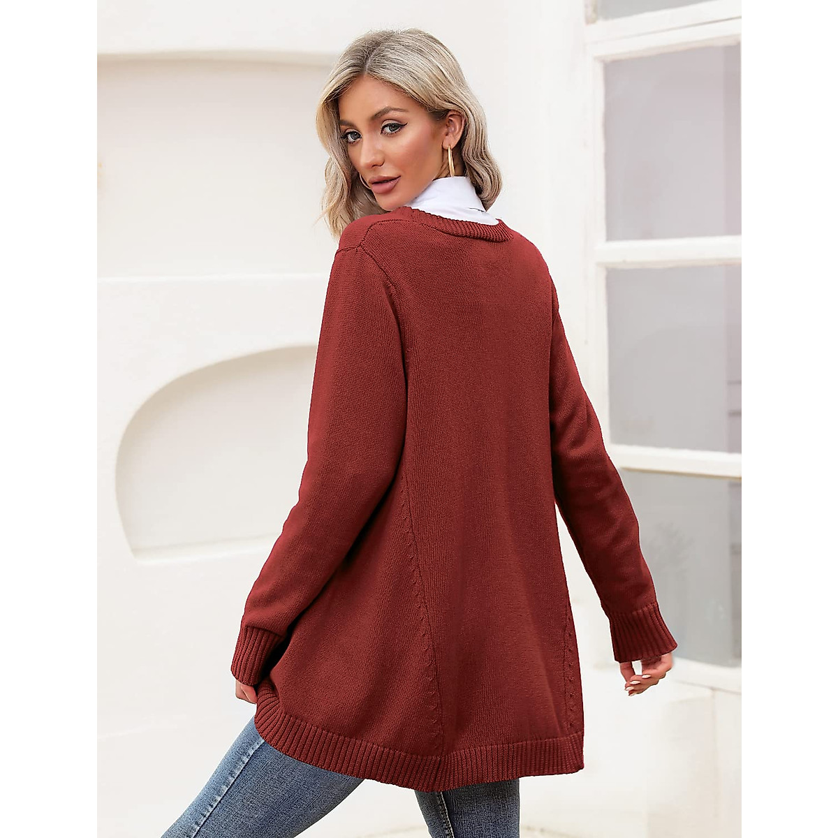 YESNO Women's Sweater with Swing Hem Oversized 2022 Long Sleeve V Neck Knit Pullover Tops Tunic Sweaters with Drop Pockets L WM9TYP1 Rust