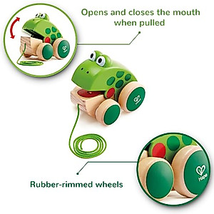 Hape Frog Pull-Along | Wooden Frog Fly Eating Pull Toddler Toy, 4.6 x 3.3 x 3.8 inches, Green