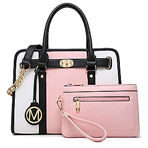 Women Purse and Wallet Set Top Handle Satchel Large Shoulder Tote Bags Fashion Leather Two Tone 2pcs (Pink/White)