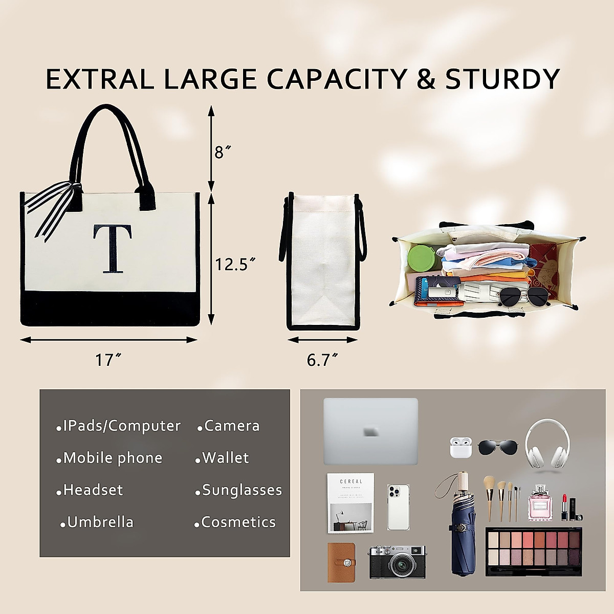 BeeGreen Thank You Gifts Cool Gifts for Women over 50 Moms Fun Gifts for Her Bride To Be Personalized large Canvas Tote Bag for Women Embroidery Monogrammed Gifts for Ladies Hostess R