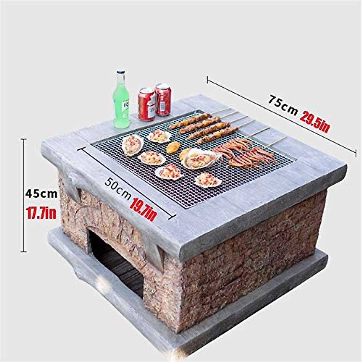 QHYXT Wood Fire Pits Outdoor Imitation Stone Outdoor Firewood Brazier, Backyard Patio Garden Fireplace, BBQ Grill Square Table, with Spark Screen Cover and Poker