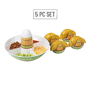 Mind Reader Taco Holders and Divided Serving Carousel Set, Taco Tuesday, Melamine, 12.5"Lx 12.5"W x 8.25"H, 5 pcs, White