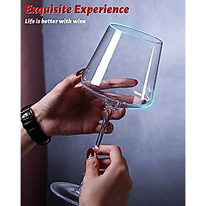 Physkoa Wine glasses set of 4 - Modern wine glasses with tall long stem, Crystal Square wine glasses with flat bottom,Big wine glasses for full-bodied wine,Wine gifts for Wedding,Bridal Shower 21OZ