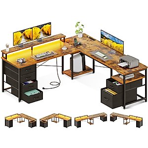 AODK 66" L Shaped Computer Desk, 113“ Reversible Home Office Desk with File Cabinet & 4 Fabric Drawers, Two Person Desk with LED Lights & Power Outlet, Corner Gaming Desk with Monitor Shelf, Vintage