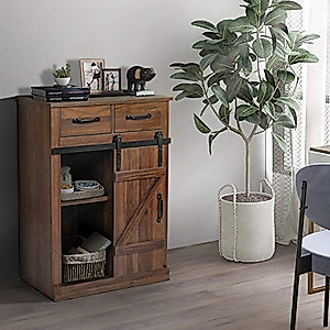 Wood Wall Storage Cabinet with Sliding Barn Door, Accent Kitchen Sideboard Coffee Bar, 2 Drawers, 5 Adjustable Shelves, for Kitchen, Living Room, Bedroom, Industrial, Rustic Brown (Dark Brown)