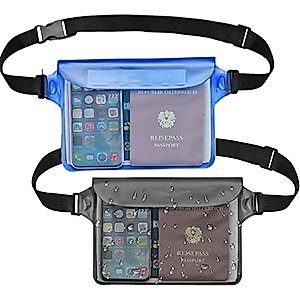 Waterproof Pouch with Waist Strap Beach Accessories Best Way to Keep Your Phone and Valuables Safe and Dry Perfect for Boating Swimming Snorkeling Kayaking Beach Pool Water Park 2 Pack Black+Blue