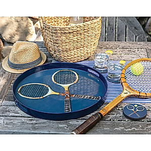 rockflowerpaper Tennis Anyone 15 inch Round Lacquered Wooden Decorative Heat Resistant Tray with Handles for Coffee Drinks Breakfast Dinner