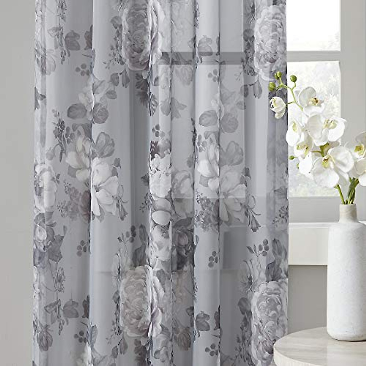Madison Park Simone Floral Design Sheer Single Window Curtain Voile Privacy Drape for Bedroom, Livingroom, 50" x 84", Grey (MP40-6614)