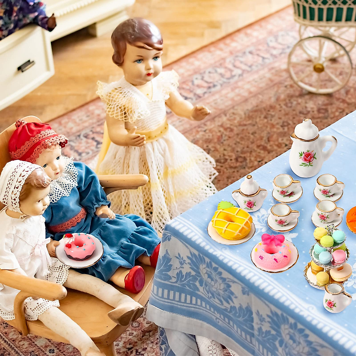 40 Pcs 1:12 Scale Dollhouse Miniature Kitchen Accessories Set Includes 15 Flower Pattern Porcelain Tea Cup 24 Mixed Pretend Cake Foods 1 Mini Three-Tier Cake Stand for Decor Supply (Sweet Style)