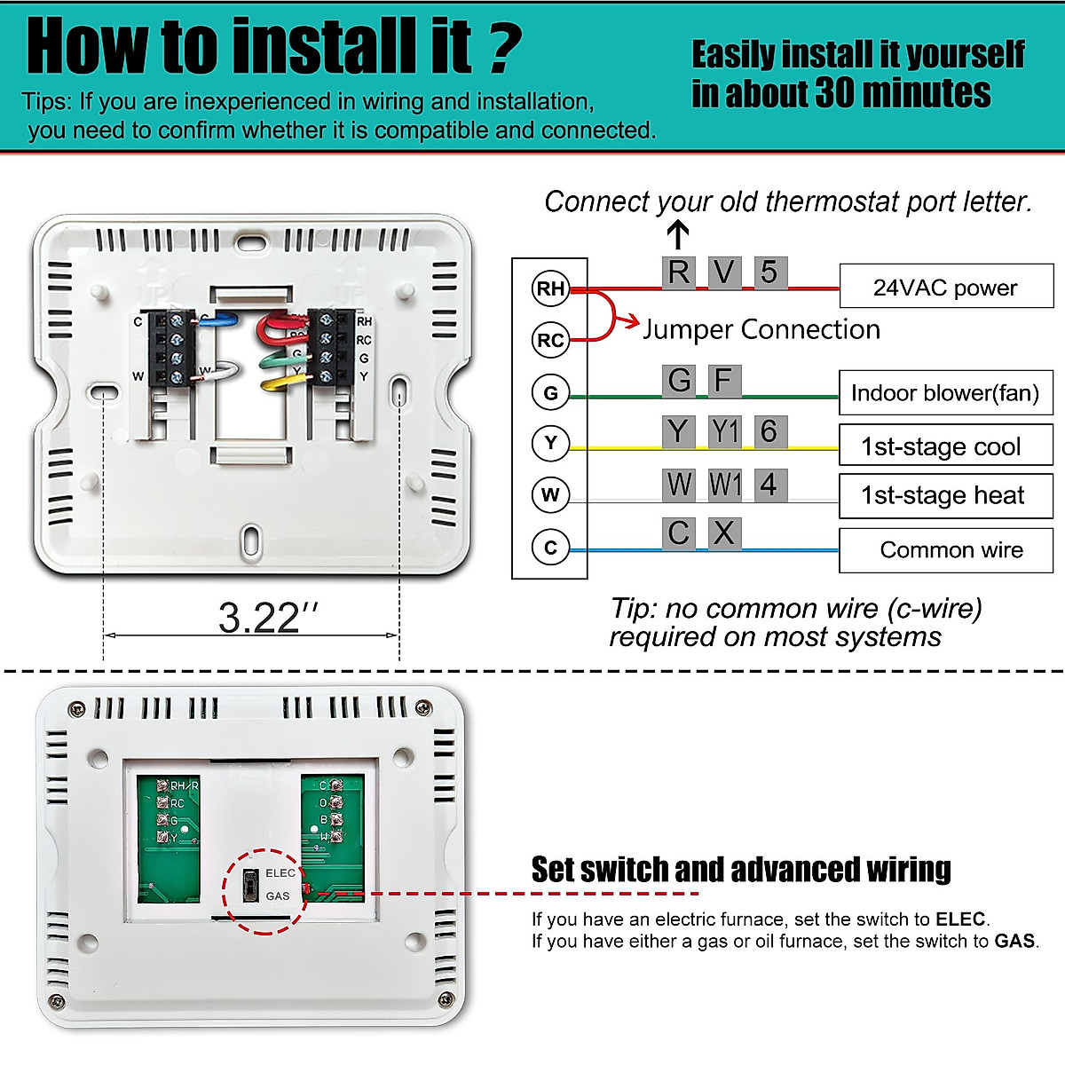Suuwer Non-Programmable Thermostats for Home 1 Heat/1 Cool Single-Stage Systems (Green Backlight)