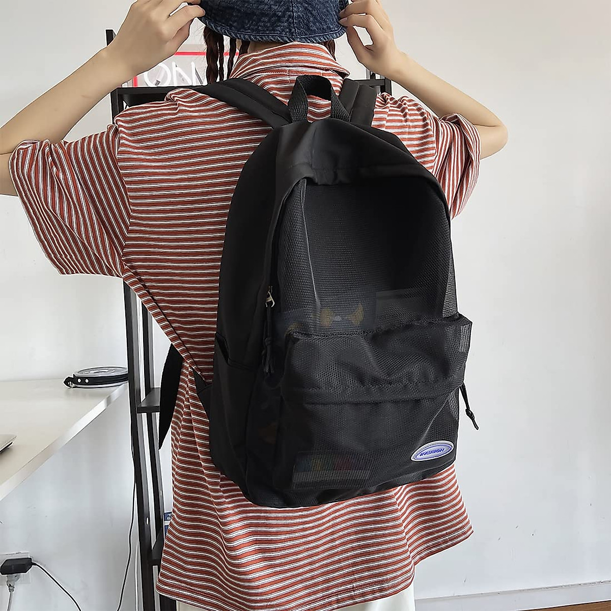 HunterBee Large Mesh Backpack See Through College Student Bag for Girls Boys Semi-Transparent Clear Net Netting Bookbag with Padded