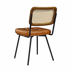 Art Leon Rattan Dining Chairs, Set of 2, Rubber Wood Frame, Mid Century Modern Dining Room Chairs with Rattan Woven Back, Faux Leather Upholstered Kitchen Chairs with Black Metal Legs, Yellow Brown