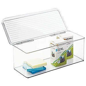 mDesign Plastic Stackable Storage Organizer Box with Hinged Lid - Long Home Office Holder Supply Bin for Note Pads, Gel Pens, Staples, Tape, Highlighters, or Dry Erase Markers - Clear