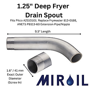 1.25" Oil Fryer Drain Spout, Deep Fryer Curve Out Drain Pipe Fitting, Fryer Drain Extension Pipe, Drain Nipple for Deep Fryers, Oil Fryers, Sinks, 1.25" Screw in x 9.5" Oil Spout by MirOil #90295