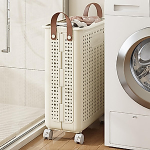 curfair Laundry Basket Foldable with Wheels, Collapsible Laundry Hamper, Slim Laundry Basket Organizer Wheeled Laundry Basket Plastic, Dirty Clothes Basket for College Dorm, Bathroom White M