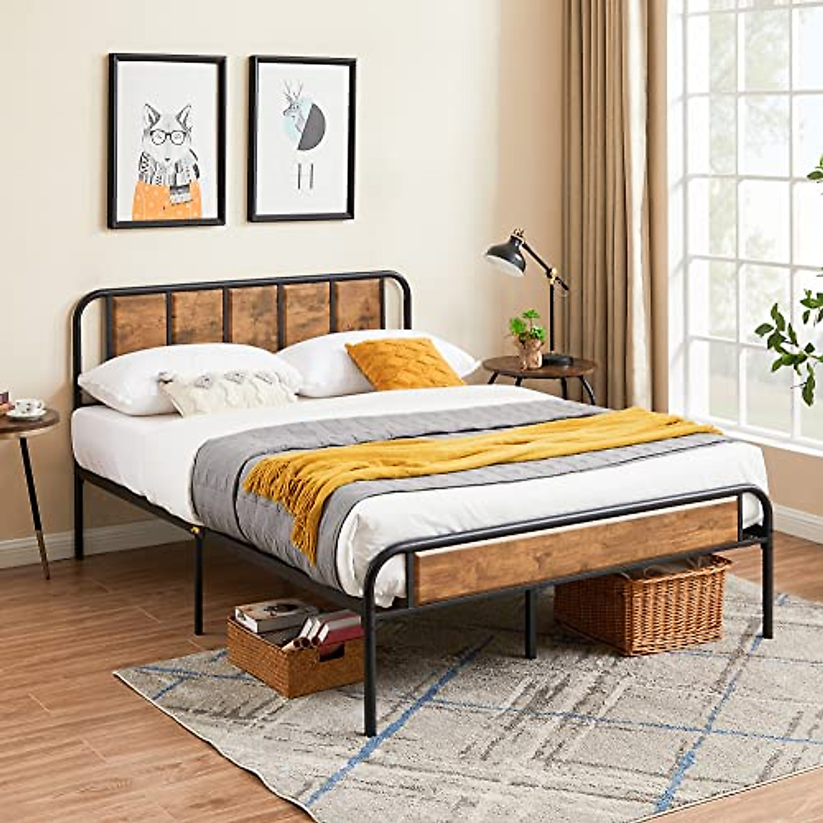 VECELO Full Size Platform Bed Frame with Wood Headboard/Mattress Foundation/Premium Steel Slats Support/No Box Spring Needed,Brown(Industrial)