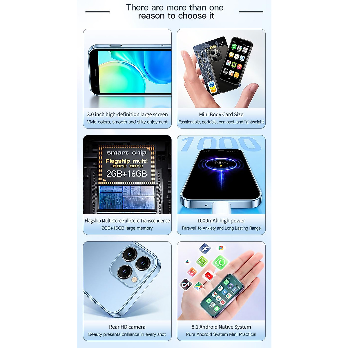 roiesvry Mini Smartphone, XS15 3.0 Inch Small Phone Quad Core 2GB+16GB 5.0MP Dual SIM 1000mAh Android Mini Phones Unlocked 3G Mobile Phone (Blue)