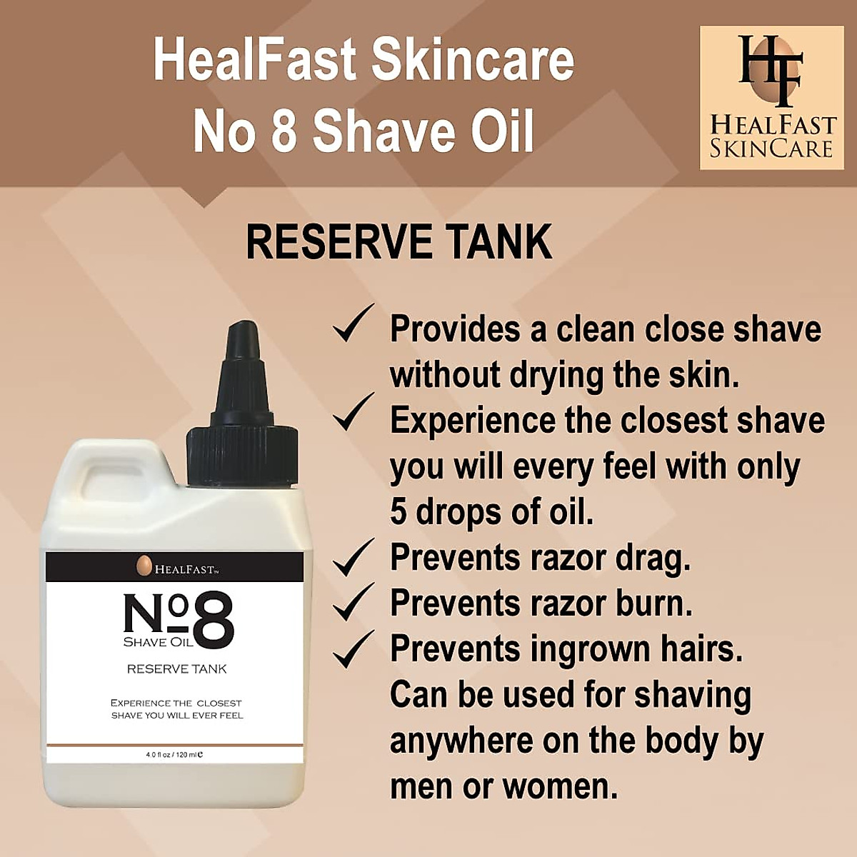 Healfast No 8 Shaving Oil Reserve Tank 4 Oz – Softens, Cleanses Pores – Prevents Razor Drag, Burn & Ingrown Hairs – Shave Oil for Men & Women – Can be used Before & After-Shave