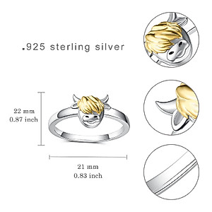 Highland Cow Ring 925 Sterling Silver Animal Cow Ring Animal Lover Highland Cow Jewelry Gifts for Women (Size: 9)