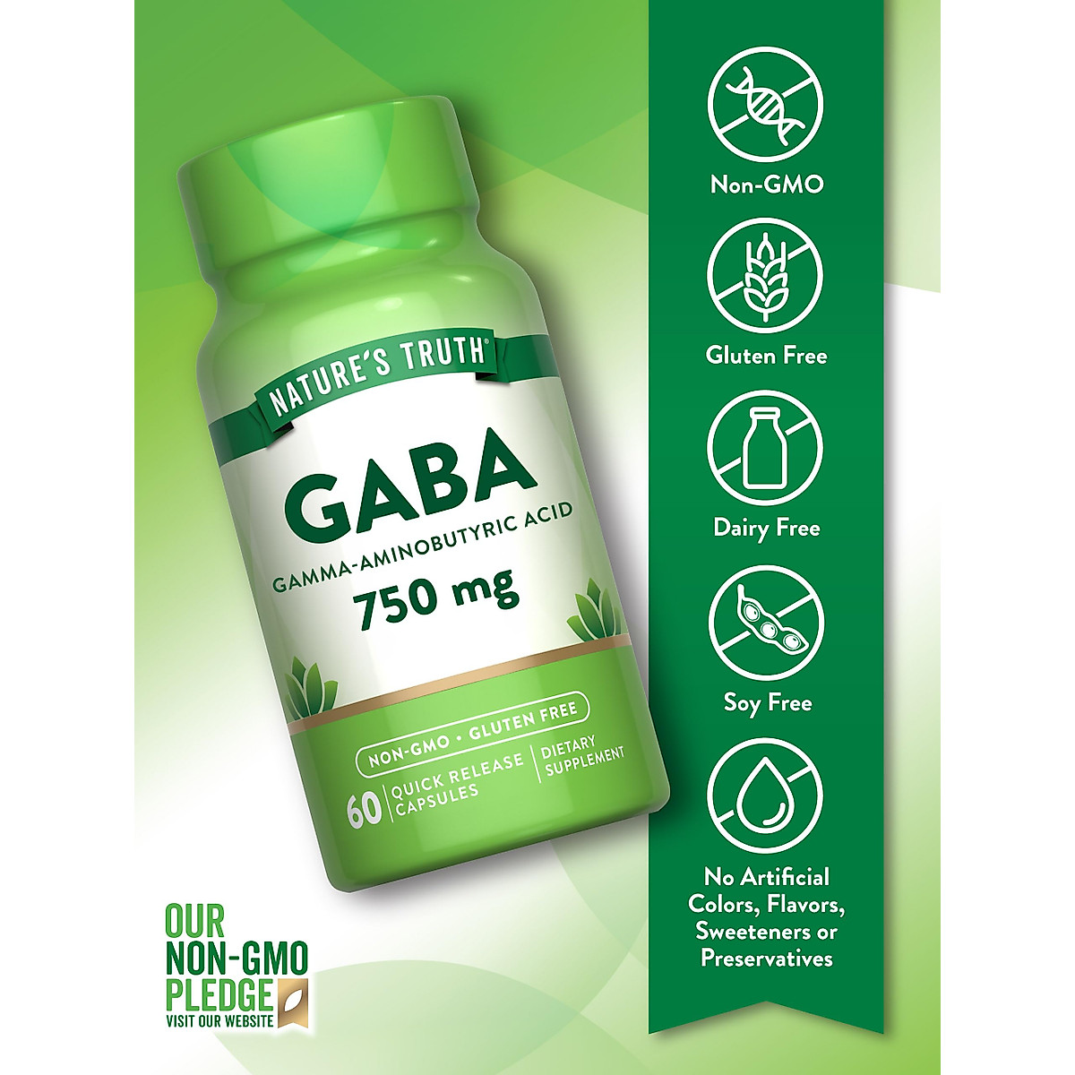 Nature's Truth GABA 750mg | 60 Capsules | Gamma Aminobutyric Acid Supplement | Non-GMO & Gluten Free Supplement