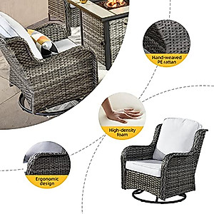 HOOOWOOO Outdoor Patio Furniture Set with Fire Pit Table,6 Pieces Outdoor Conversation Set with Swivel Rocking Chair,Firepit Table and Side Table,High Back Wicker Chairs Patio Set,Gray