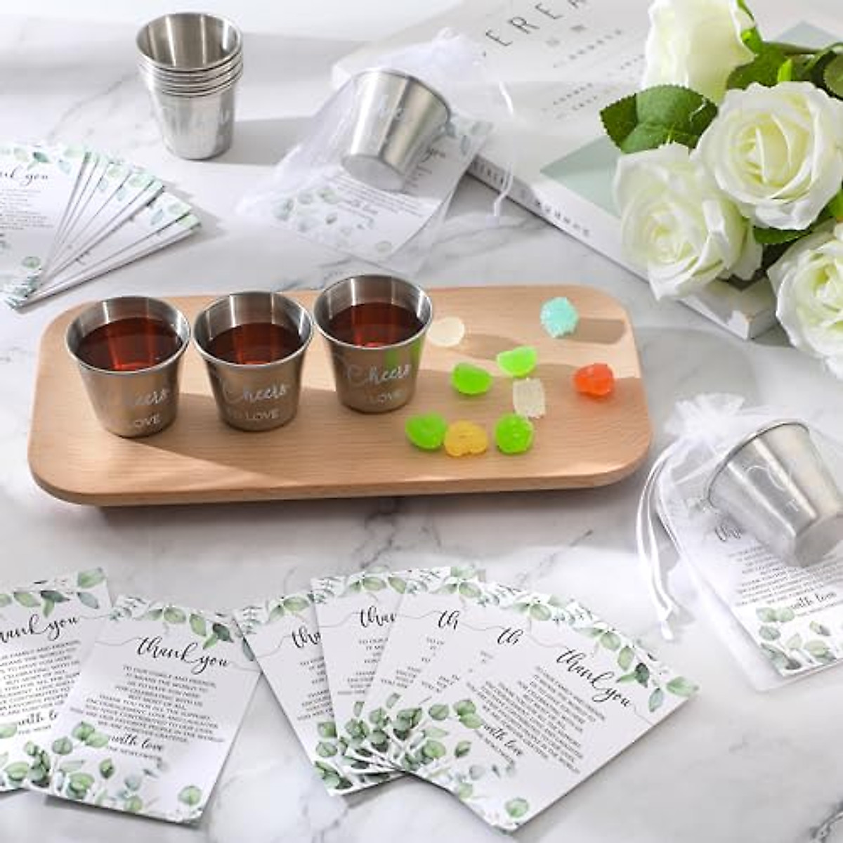 Uiifan 50 Set Wedding Favors for Guests Bulk 50 Wedding Shot Glasses Cheers to Love Stainless Steel Shot Glasses 50 Thank You Cards with Organza Bags for Guest Wedding Newlyweds Bridal Shower Gifts