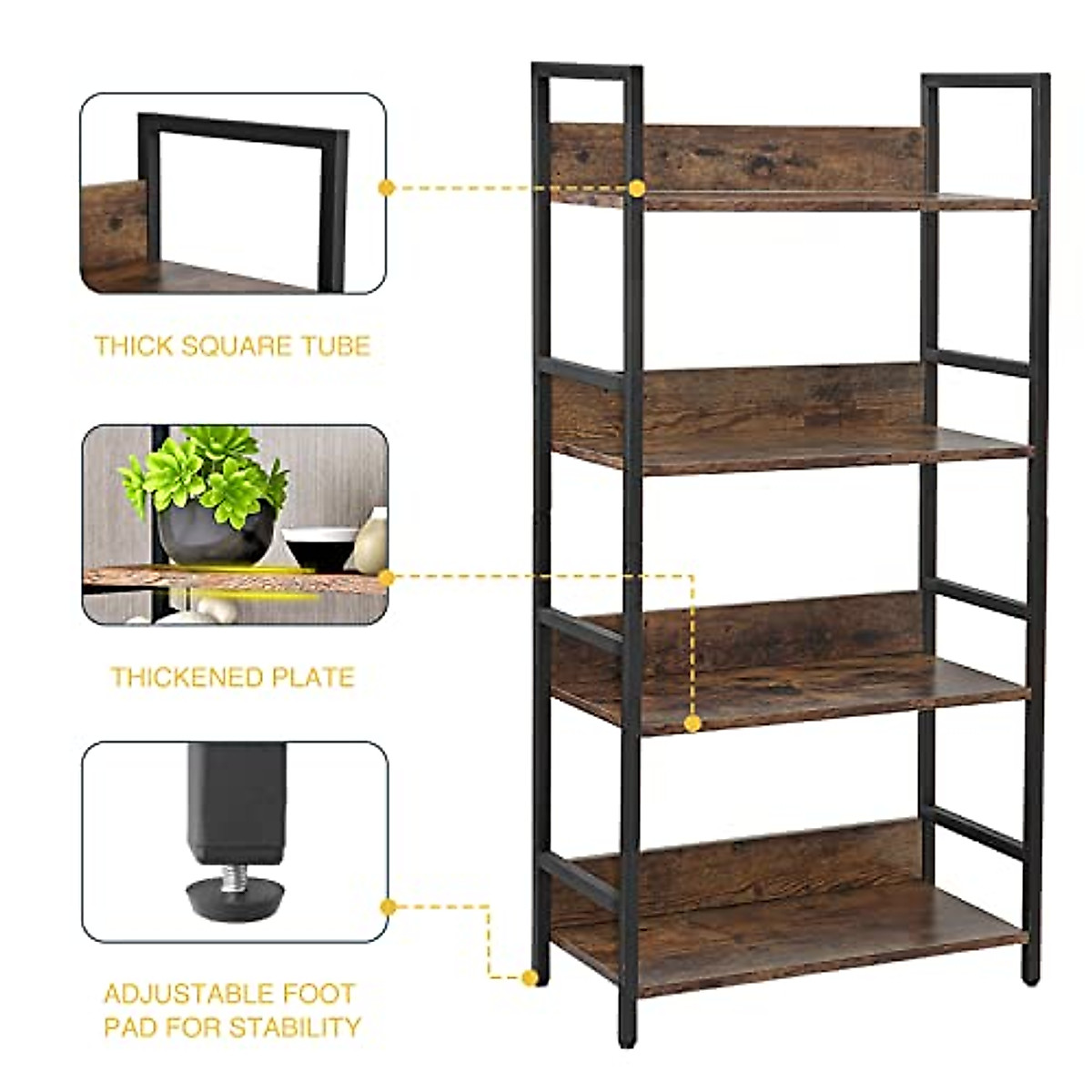 VANSPACE Bookshelf 4 Tier Industrial Bookcase Rustic Wood and Metal Standing Bookshelf with Back Panel Book Shelf for Bedroom, Home Office Storage Rack Shelf, Rustic Brown