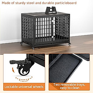 rehomerance 42" Heavy Duty Dog Crate for Large Medium Dogs, Furniture Style cage with 2 Removable Trays, 4 Lockable Wheels and 2 Locks, Decorative Pet House Wooden Cage Kennel Furniture Indoor