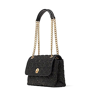 KATE SPADE NATALIA SEQUIN TWEED FABRIC MEDIUM FLAP SHOULDER BAG IN BLACK