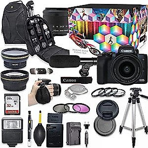 EOS M50 Mark II Mirrorless Digital Camera with 15-45mm Lens Kit (Black) + Wide Angle Lens + 2X Telephoto Lens + Flash + SanDisk 32GB SD Memory Card + Video Accessory Bundle