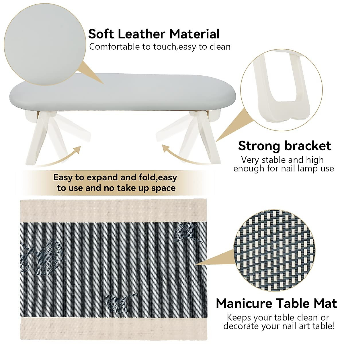 KKUYT Nail Arm Rest, Bigger Arm Rest for Nails, Microfiber Leather Nail Hand Rest Stand with Mat, Foldable Professional Manicure Nail Hand Pillow Cushion for Salon and Home Nail Art Use