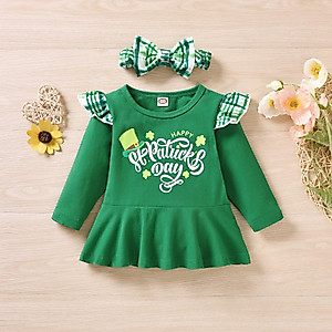 HINTINA Infant Baby Girls St. Saint Patrick's Paddys Day Outfit Ruffle Long Sleeve Clover Shamrock Clothes Set 6-12 Months