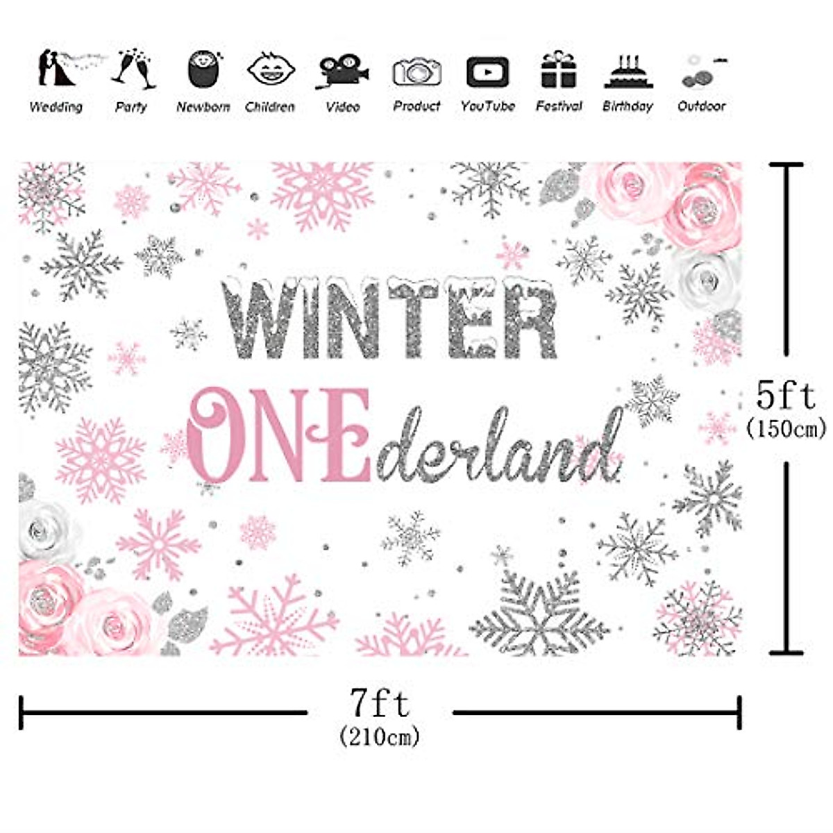Aperturee 7x5ft Winter Onederland Backdrop, Newborn Baby Girl's First 1st Christmas Birthday Snowflake Background Photography Holiday Pink Silver Party Decoration Photo Booth Candy Table Decor Banner