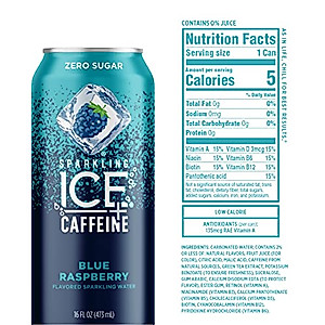 Sparkling Ice +Caffeine Blue Raspberry Sparkling Water, with Antioxidants and Vitamins, Zero Sugar, 16 Fl Oz (Pack of 12)