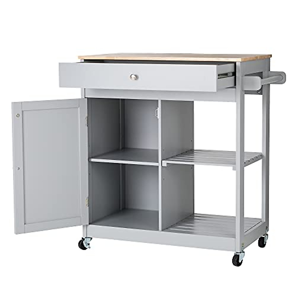 Glitzhome Kitchen Island with Storage Kitchen Cart on Wheels Rolling Kitchen Cart Island Table with Tower Holder Spice Rack Drawer for Dining Room Kitchen, 34.25”H, Gray