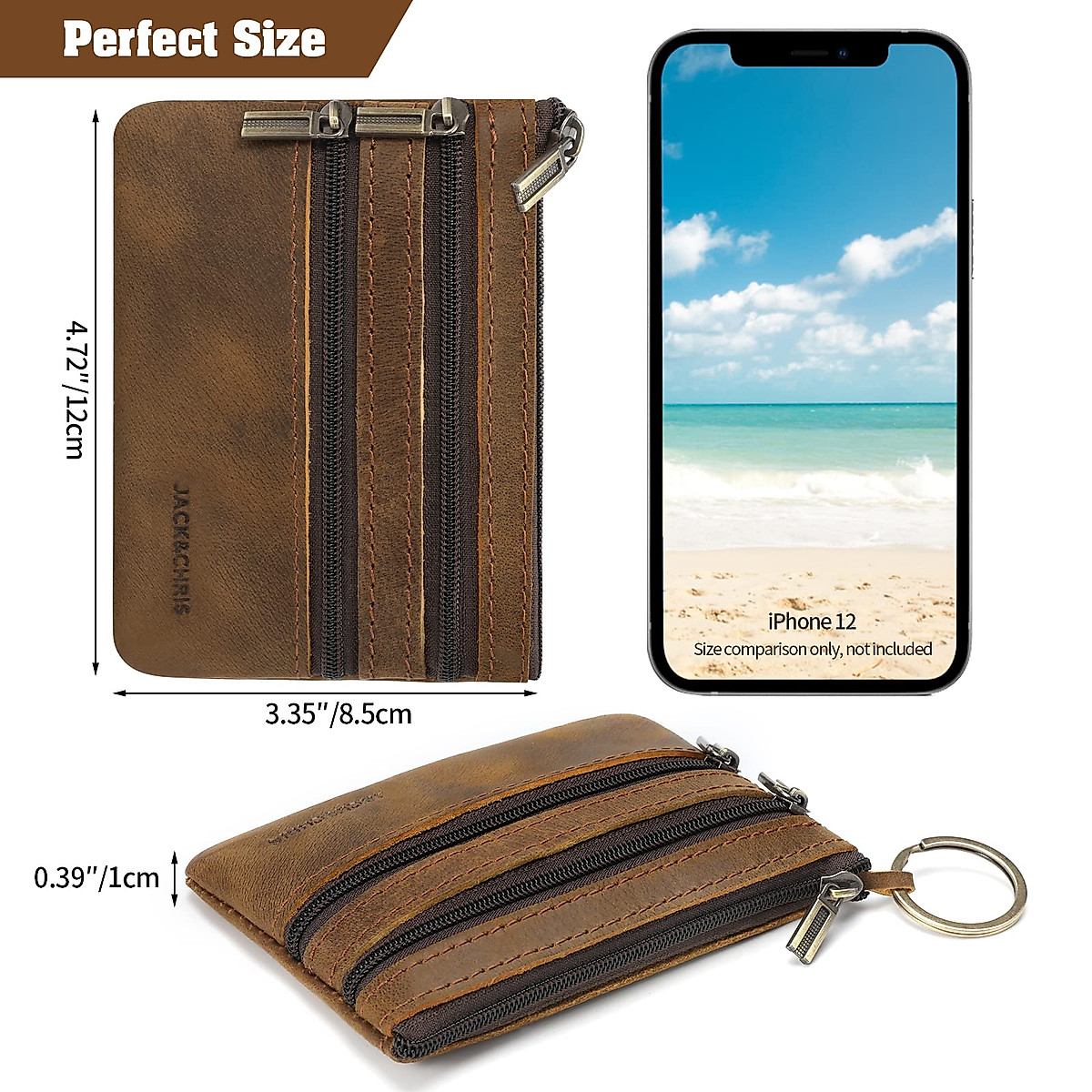 Jack&Chris Coin Purse Pouch for Men, Genuine Leather Coin Purse Zipper Pocket with Keychain Ring, Coin Bag for Men,JC301-8