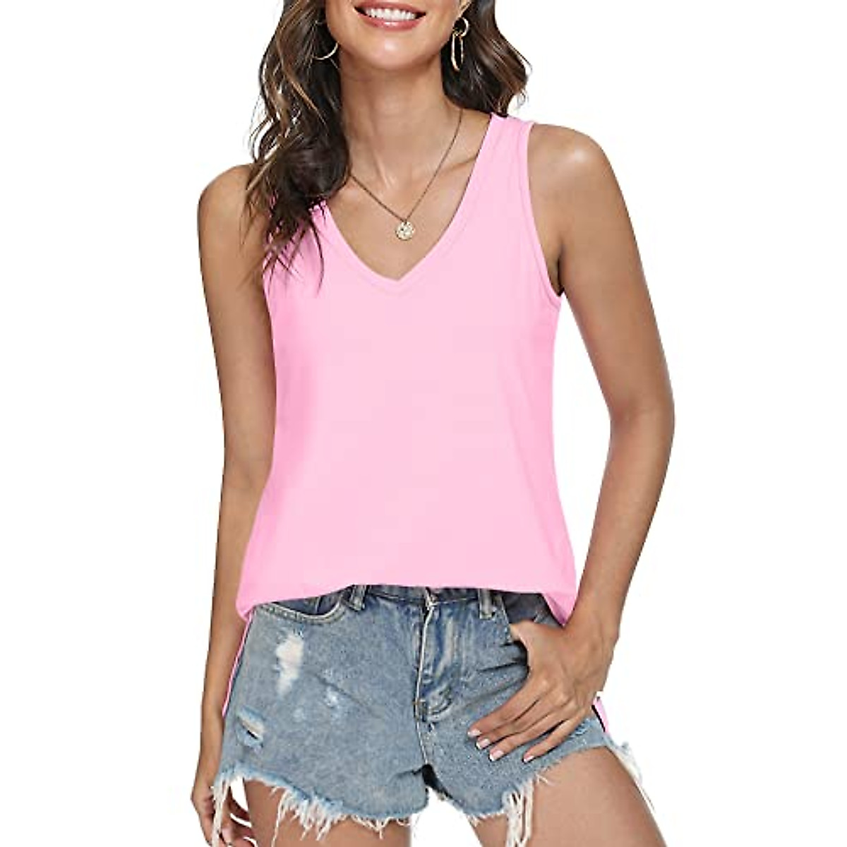 LONGYUAN Ladies Tunic Sleeveless Casual T shirts V Neck Tank Tops Soft Loose Fit Blouses Pink,Small