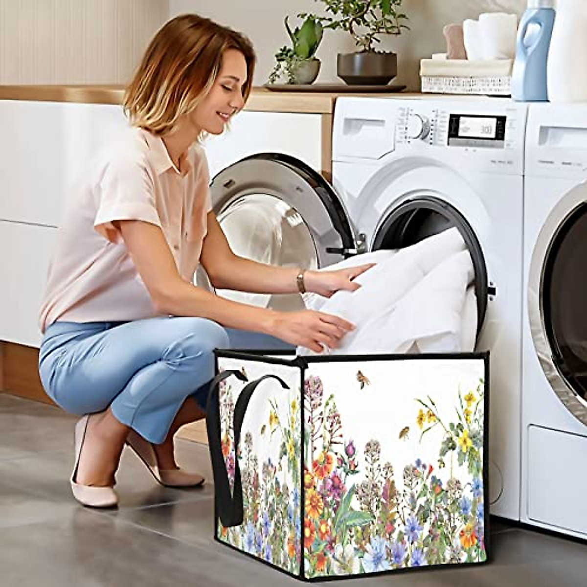 Kigai Flowers and Animals Cube Storage Bins, 13x13x13inch Collapsible Fabric Storage Cubes Organizer with Handles Decorative Storage Baskets for Home, Shelf, Closet