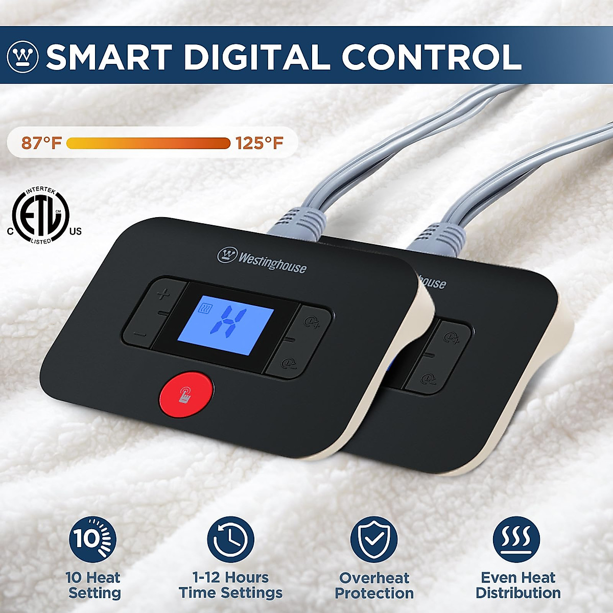 Westinghouse Queen Size Heated Mattress Pad, Luxury Quilted Electric Bed Warmer with 10 Heat Settings Dual Controller, 1-12H Auto Shut Off, Fit Up to 17" Deep Pocket, Machine Washable, 60x80 Inch