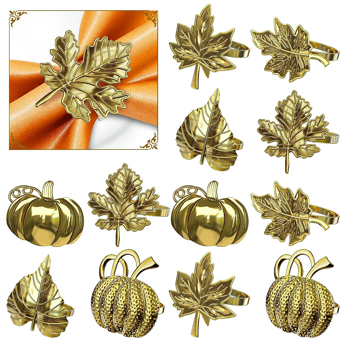 Thanksgiving Napkin Rings Set of 12, Fall Napkin Rings Maple Leaf Pumpkin Napkin Rings Holders for Family Party Wedding Harvest Autumn Holiday Dinner Table Decorations