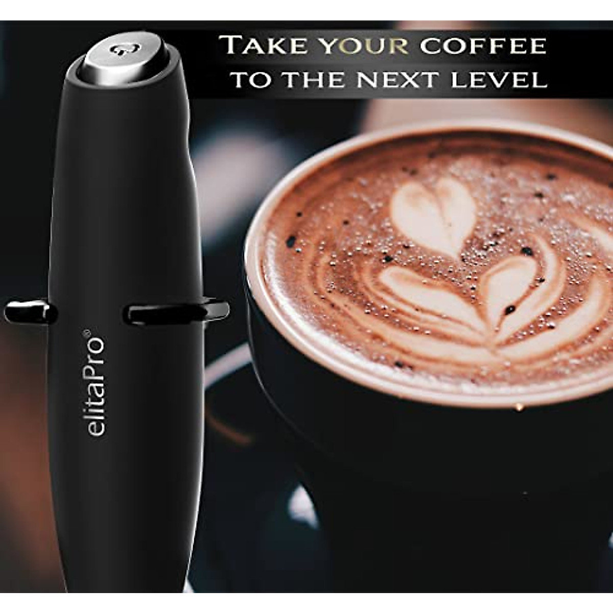 ElitaPro Luxury Edition, ‘Tornado’ effect Milk frother, Leading Tech Design, Triple Power Milk Frother Handheld, Rich Creamy Milk Foam in seconds (Black/Black)