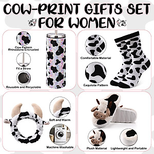 FillTouch 11 Pcs Cow Print Gifts Sets for Women Includes Tumbler Slippers Socks Earrings Hair Scrunchies Headbands Tote Bag Cow Print Stuff for Graduation Birthday Mother Nurses Farm Animal Lover