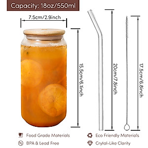 wirsh Drinking Glasses, 4pcs 18oz Can Shaped Glass Cups with Bamboo Lids and Glass Straw,Cute Tumbler Cups for Iced Coffee, Beer, Tea, Coffee Bar Accessories, Giftable