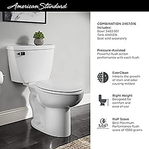 American Standard 2467016.020 Cadet Right Height Elongated Pressure Assisted Toilet, 1.6 GPF, White