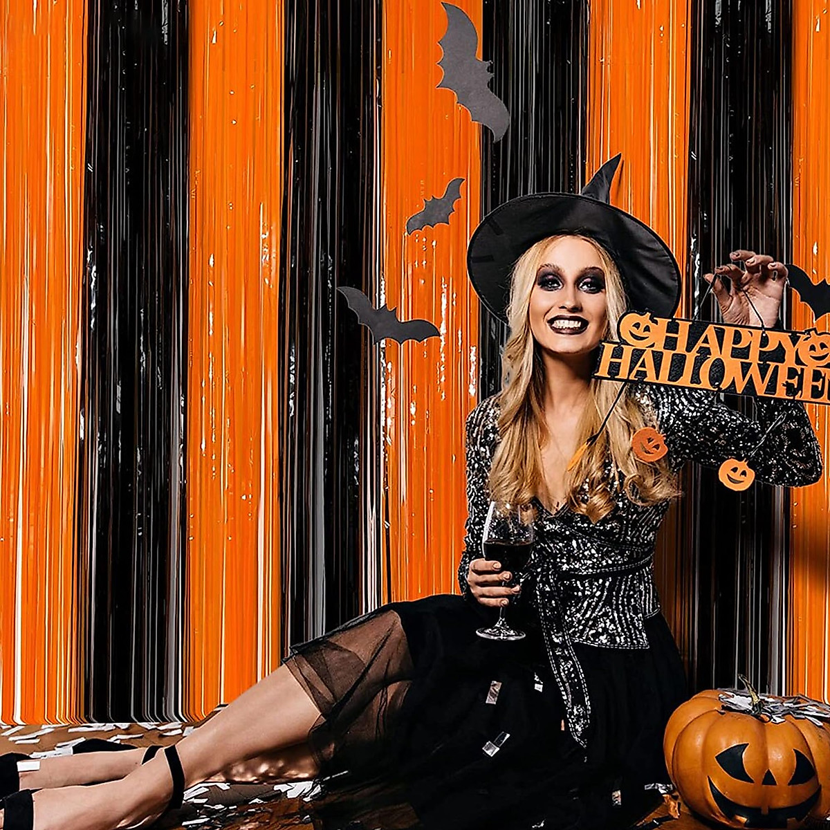 Dazzle Bright 4 Pack Backdrop Curtain, 3FT x 8FT Metallic Tinsel Foil Fringe Curtains Photo Booth Background for Baby Shower Birthday Wedding Halloween Party Decorations (Orange and Black)