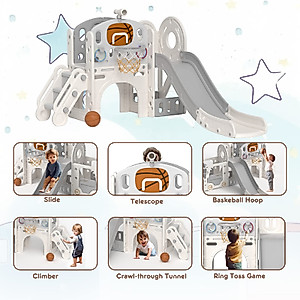 XJD 8 in 1 Toddler Slide Set, Kids Slide for Toddlers Age 1+, Toddler Climber Slide PlaySet with Basketball Hoop and Ball,Outdoor Indoor Playground for Toddlers 1-3 (Beige Grey, 8 in 1)