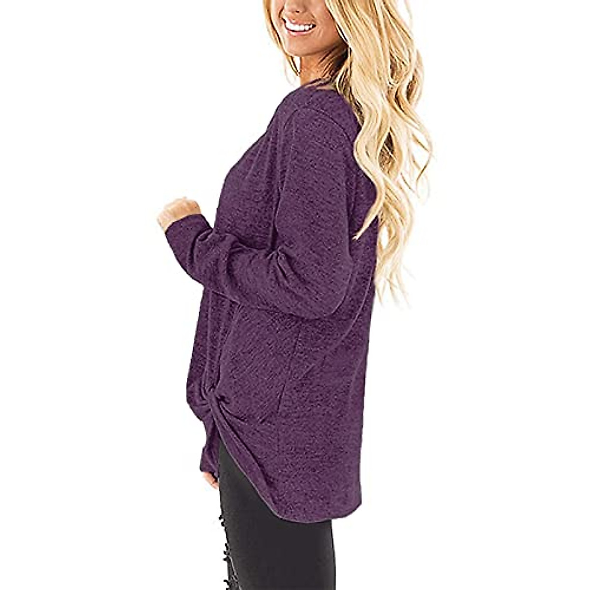 SimpleFun Twist Knot Tunic Tops for Women Petite Long Sleeve V Neck Loose Fitting Tshirts Purple S
