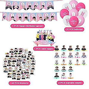 BTS Birthday Party Supplies Include 22 Cake Topper Cupcake Toppers, Birthday Banner, 21 Balloons. 40 Stickers BTS Birthday Party Supplies Include 22 Cake Topper Cupcake Toppers, Birthday Banner, 21 Balloons. 40 Stickers BTS Birthday Party Supplies Include