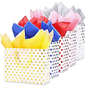 MOXARYSU Large Gift Bags With Handles: 5 Pack 13X4.7X10.2 Metallic Polka Dot Gift Bags With 15 Tissue Paper （5 Colors）